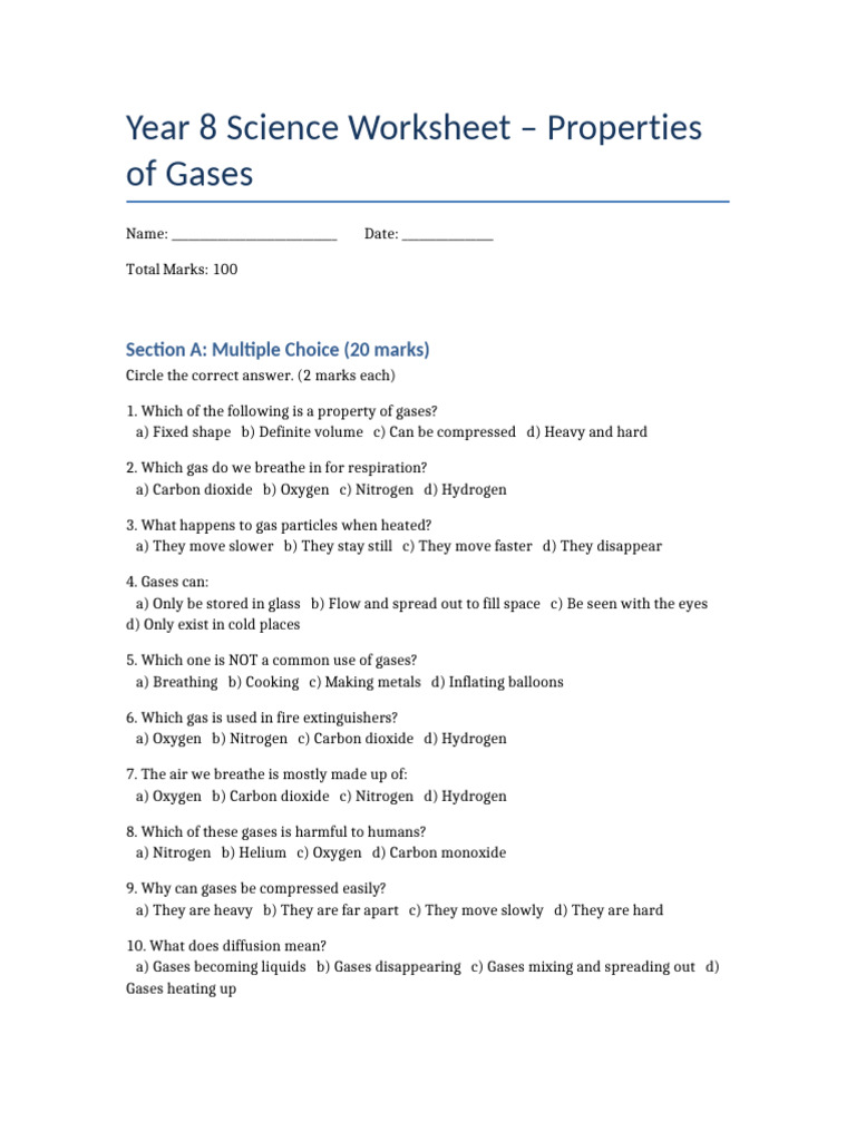Year 8 Science Properties of Gases Worksheet | PDF | Gases | Oxygen