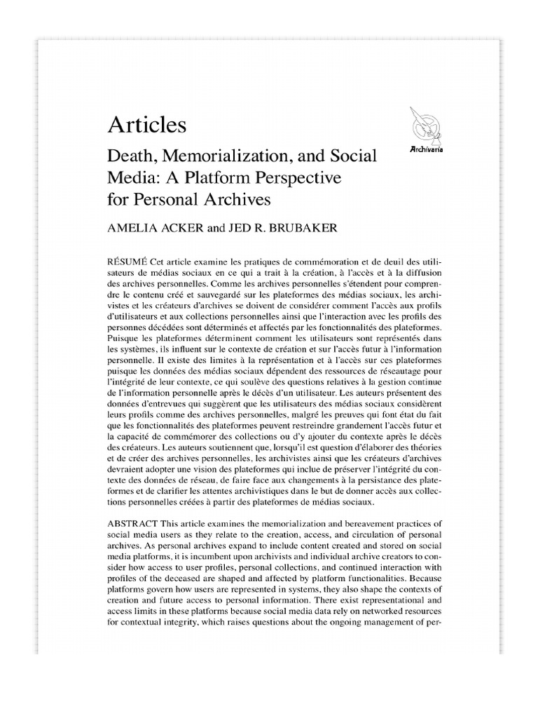 View of Death, Memorialization, and Social Media - A Platform Perspective For Per | PDF
