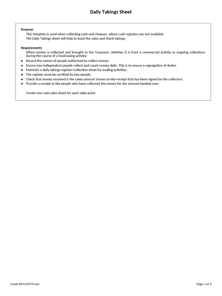 PC Ex 04 Daily Takings Sheet | PDF | Float (Money Supply) | Money