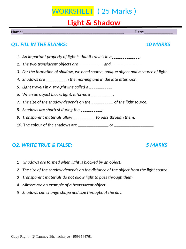 Light and Shadow Worksheet for Students | PDF | Shadow | Light