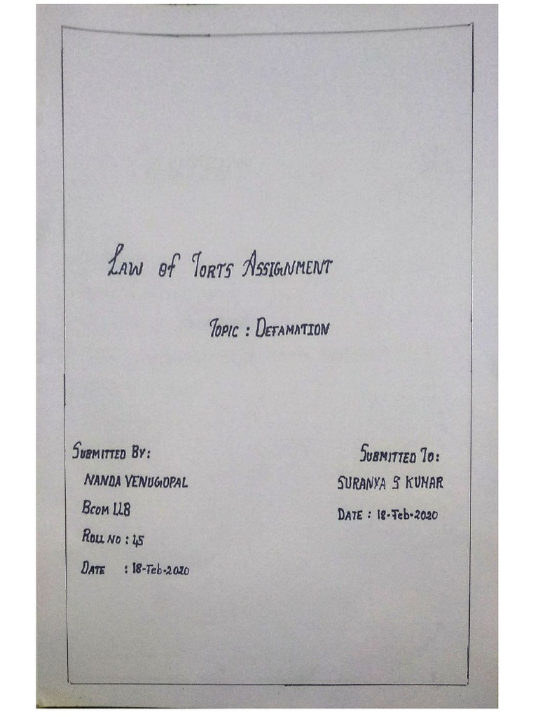 Law of Torts Assignment | PDF
