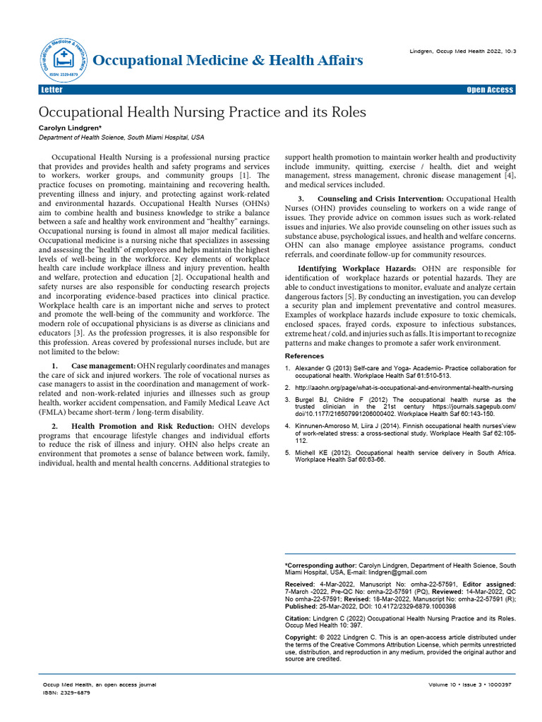 Occupational Health Nursing Practice and Its Roles | PDF | Occupational ...