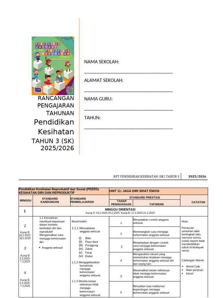 RPT PK THN 3 (SK) 2025-2026 by Rozayus Academy (Kump B) | PDF