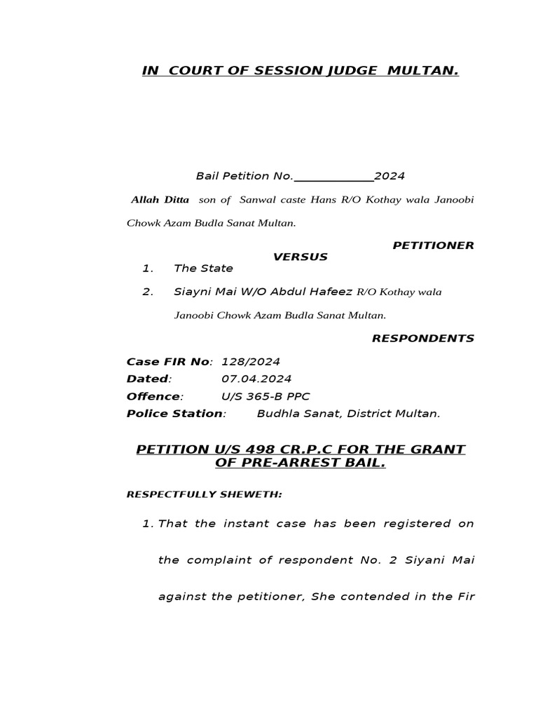 Pre Arrest Bail Allah Ditta Son of Sanwal | PDF | Bail | Affidavit