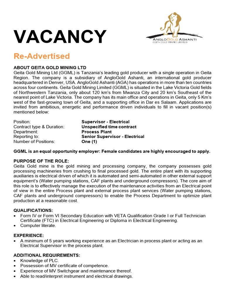 Supervisor-Electrical Job-Advert Readvertised May 2025 | PDF | Safety