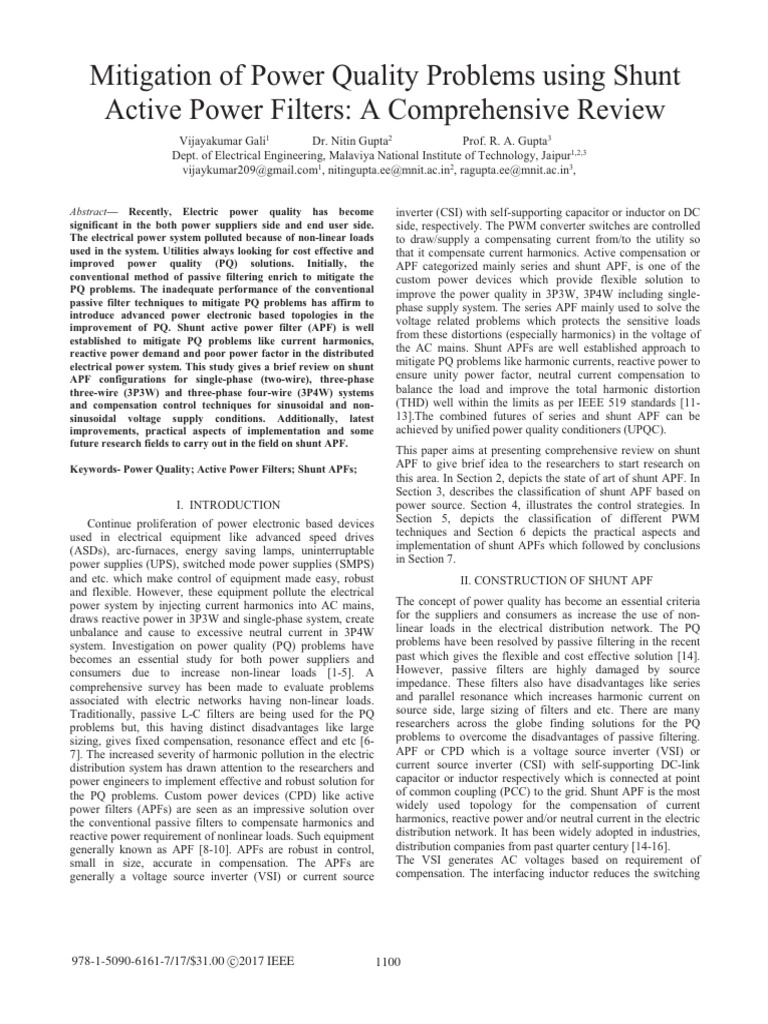Mitigation of Power Quality Problems Using Shunt Active Power Filters a Comprehensive Review ...