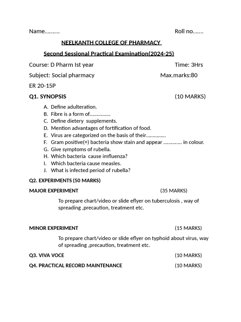 D Pharm 1st Year Practical Social Pharmcy | PDF