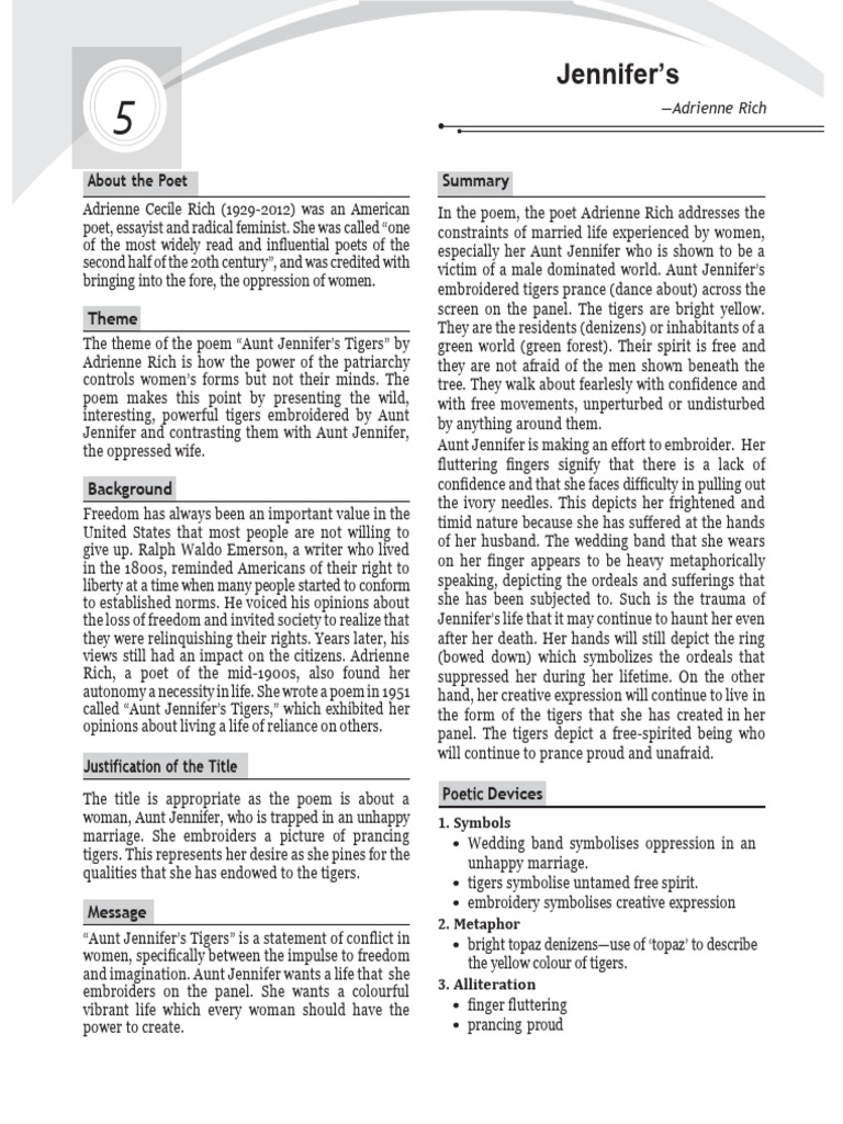 Aunt Jennifer Tiger 2025 Poem 5 | PDF
