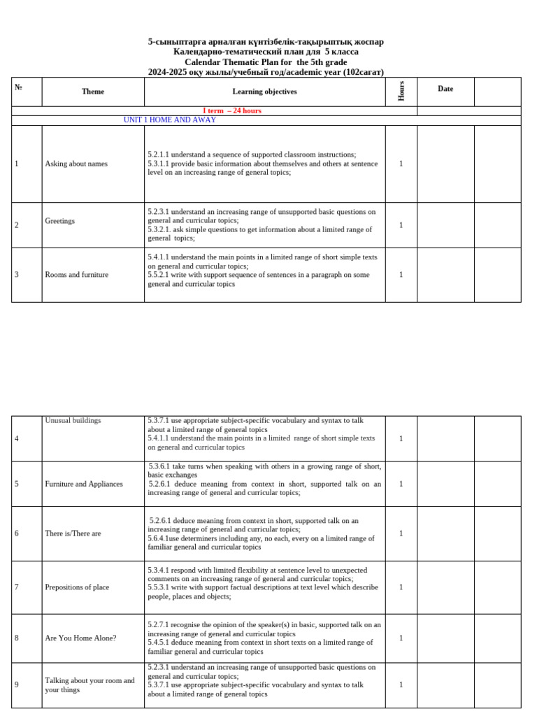 5th Grade Calendar Thematic Plan 2024-2025 | PDF | Plural | Noun