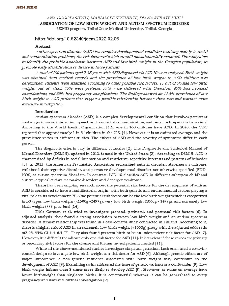 Association of Low Birth Weight and Auti | PDF | Autism | Pervasive ...