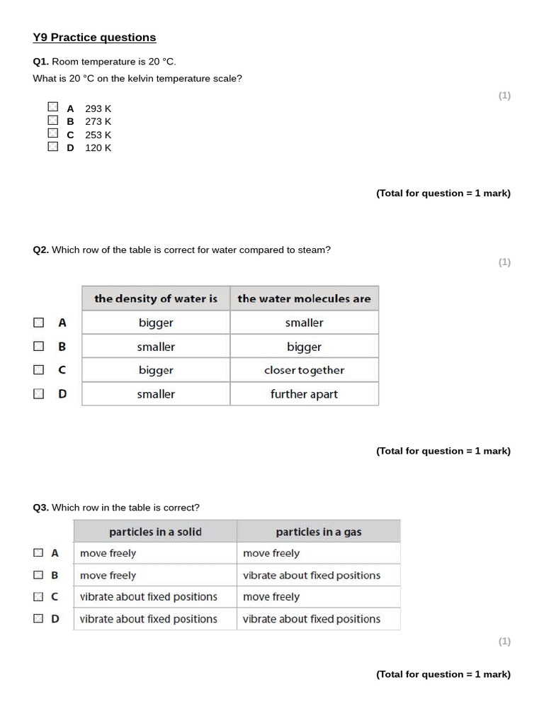 Y9 Practice Exam Questions | PDF | Density | Gases