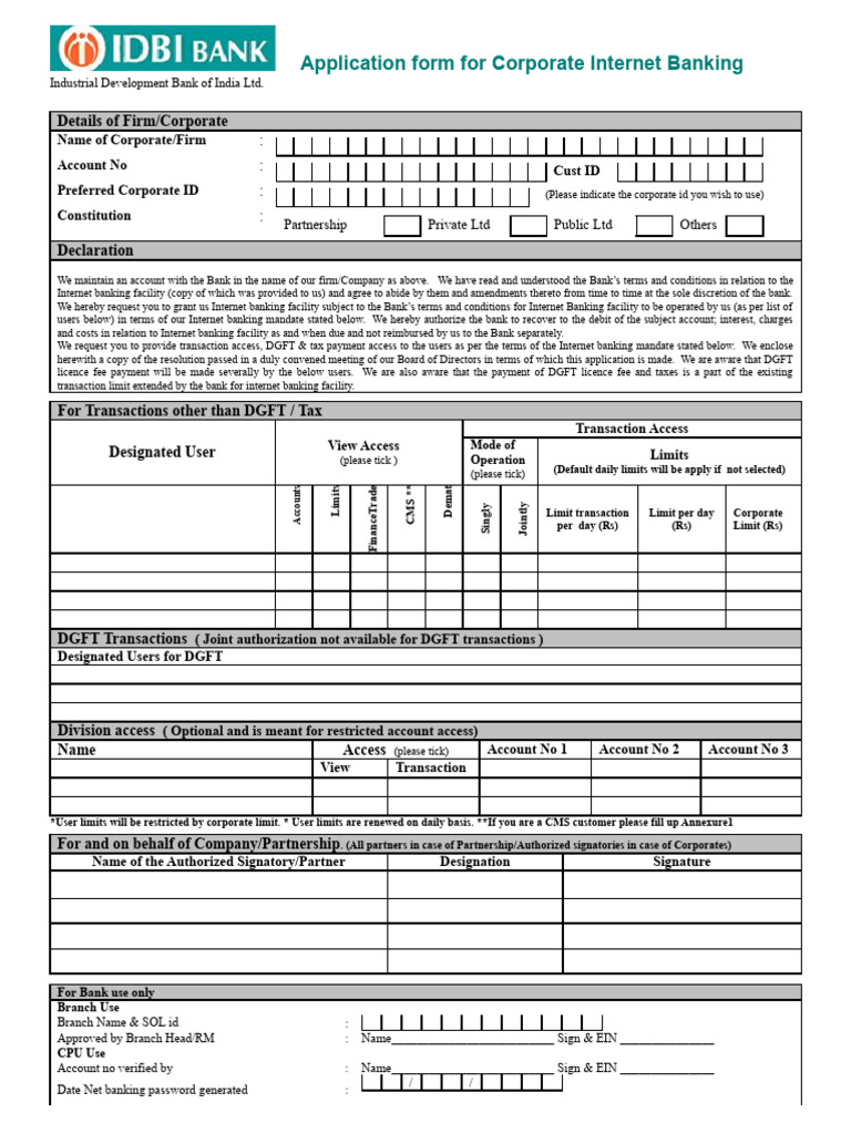 Filled IDBI Corporate Internet Banking Form | PDF | Online Banking ...