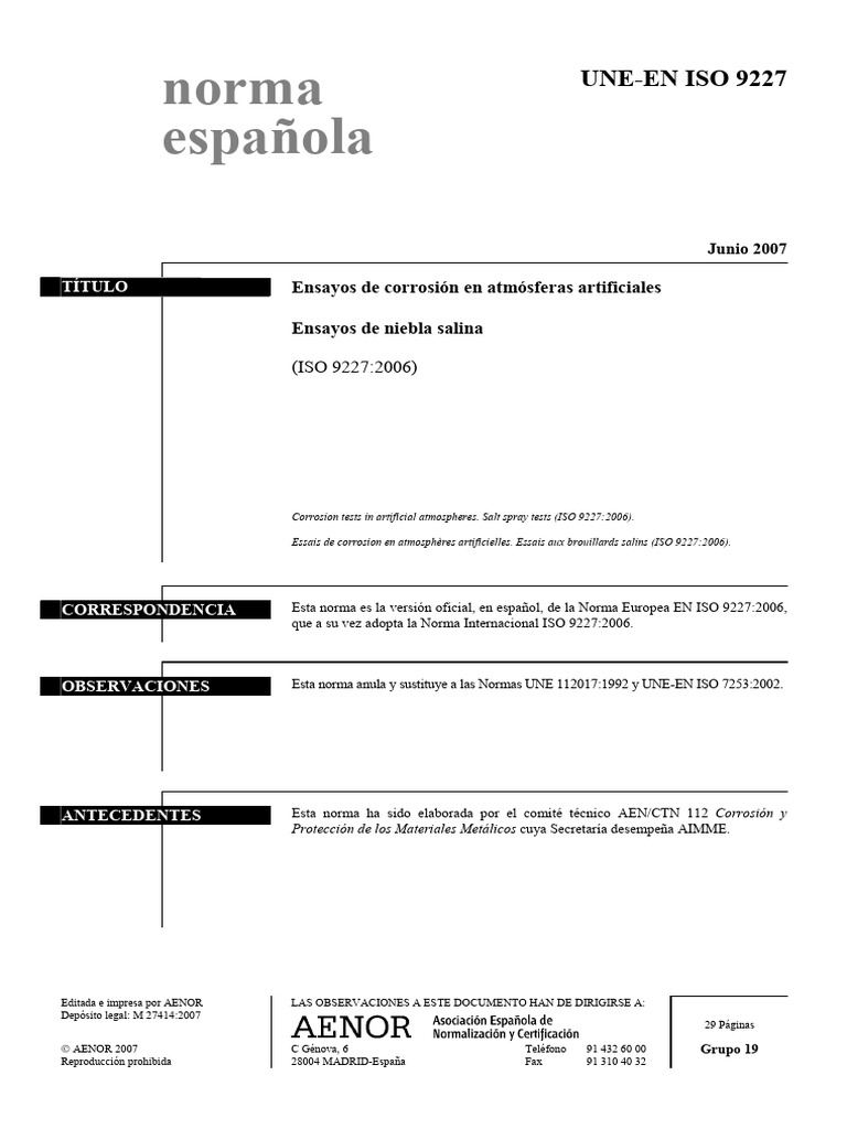 UNE-En ISO 9227.2007. Niebla Salina | PDF | Corrosión | Estandarización