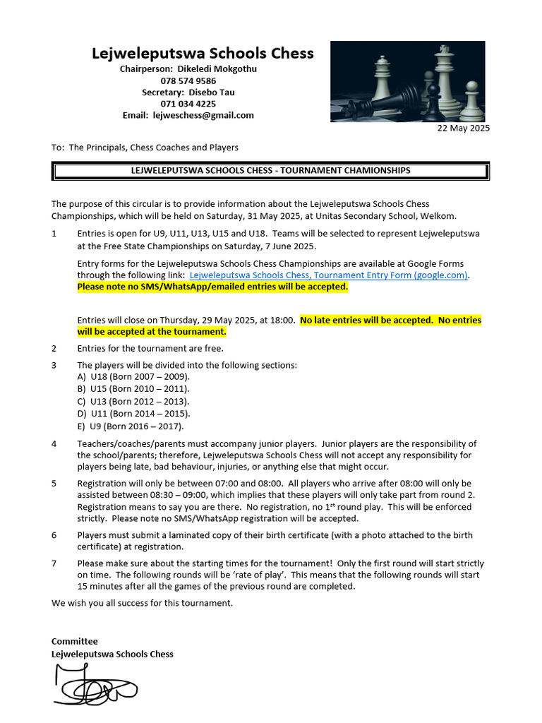 Lejweleputswa Schools Chess Championship 2025 | PDF