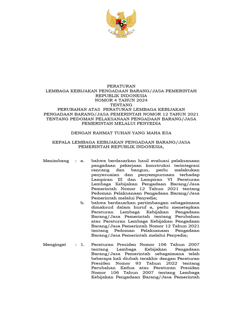 Peraturan LKPP No 4 Tahun 2024 | PDF