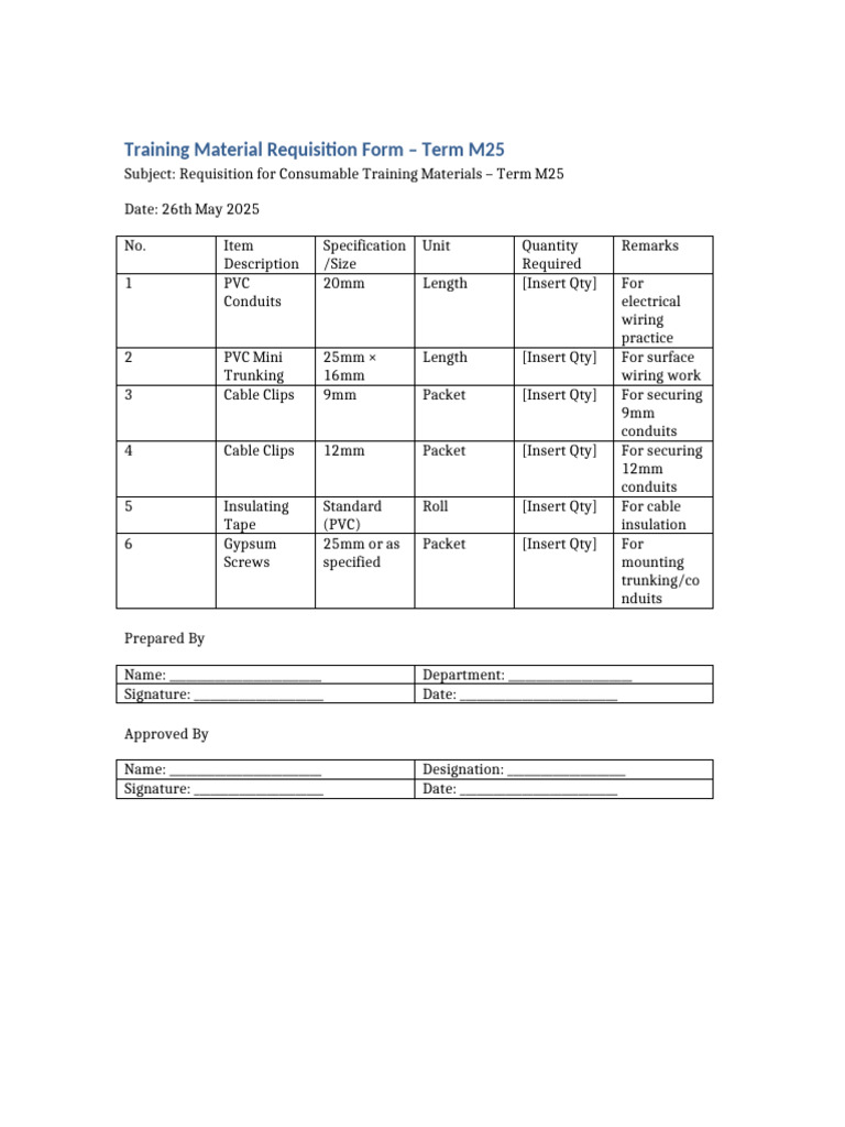 Training Material Requisition Term M25 | PDF