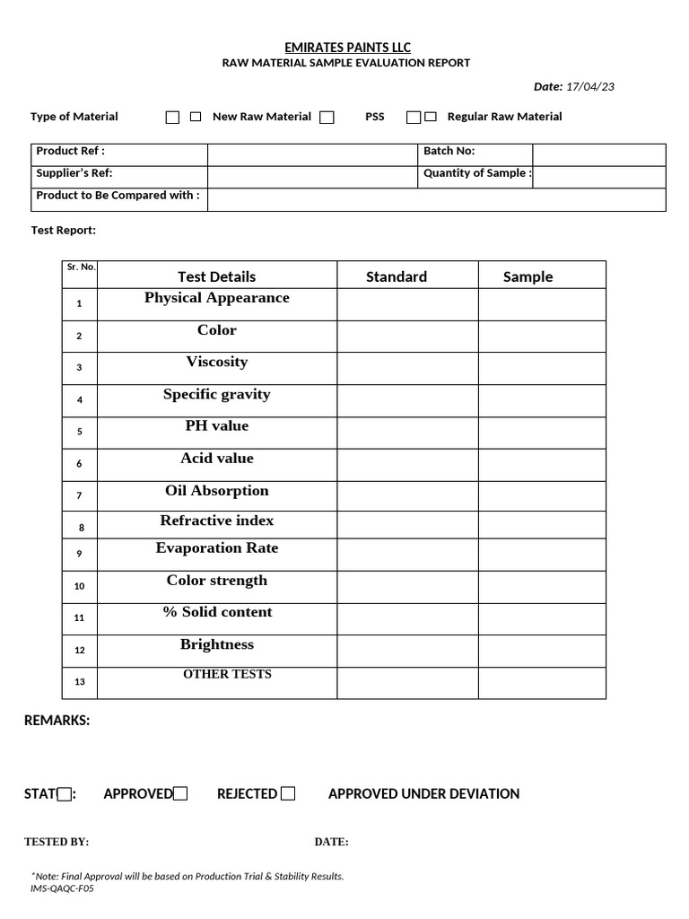 Raw Material Sample Evaluation Report Pdf