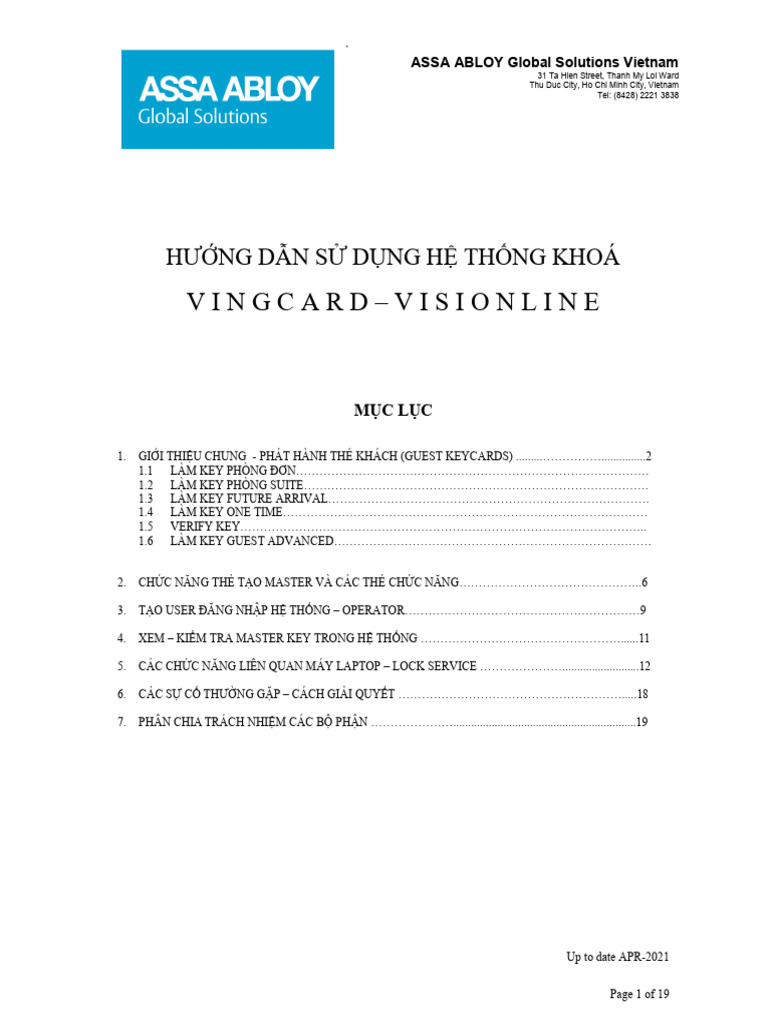 Tai Lieu Van Hanh He Thong Khoa Vingcard Visionline | PDF