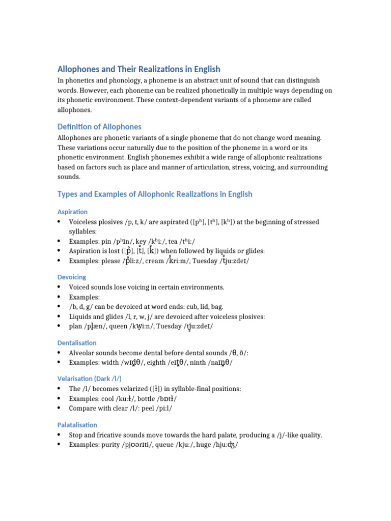 Allophones and Their Realizations in English | PDF | Phoneme | Vowel