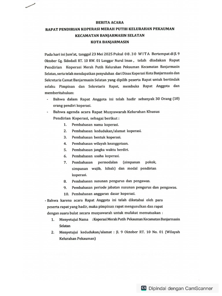 Berita Acara Rapat Pendirian Koperasi Merah Putih_Pekauman | PDF