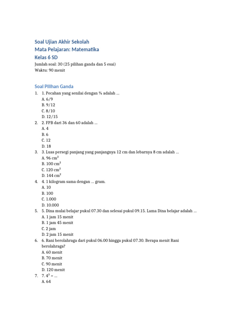 Soal Ujian Akhir Sekolah Matematika Kelas 6 | PDF