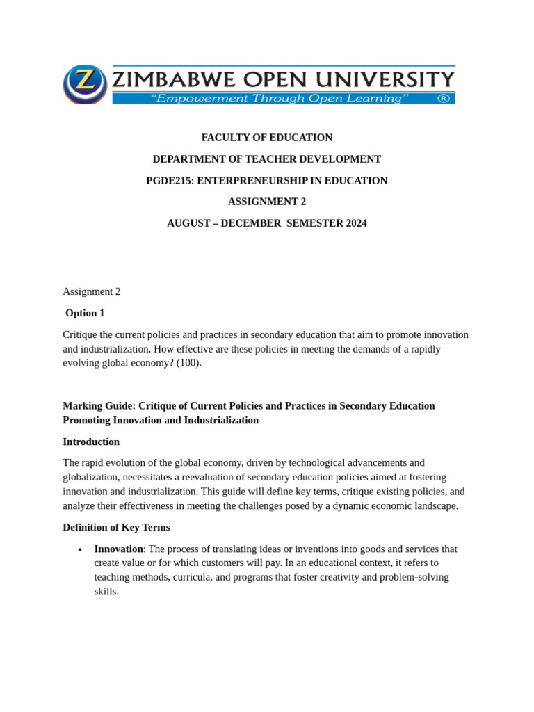 Pgde215 Enterpreneurship in Education Assignment 2 | PDF | Curriculum | Innovation