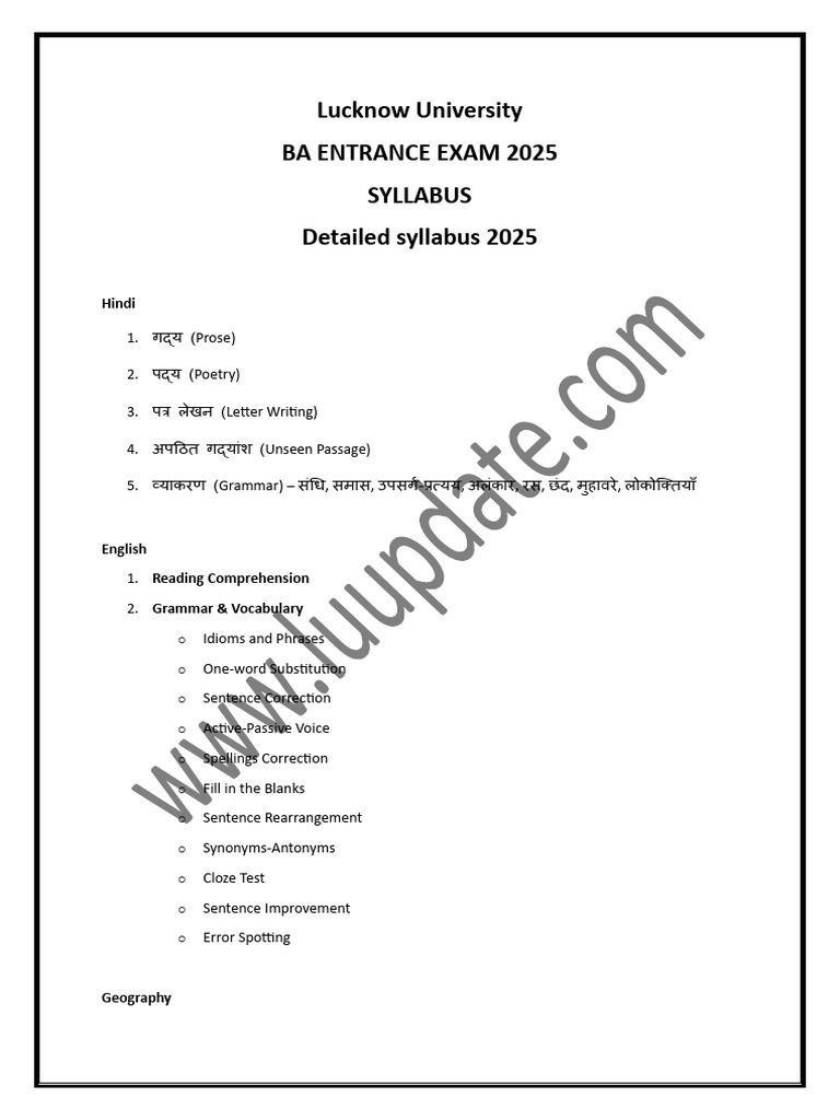 Lucknow University BA Entrance Syllabus 2025 | PDF | Economics | Geography