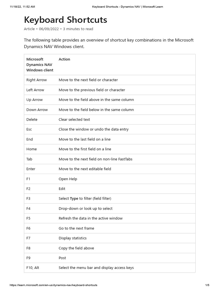 Keyboard Shortcuts Dynamics Nav Microsoft Learn Pdf Keyboard Shortcut Computer Keyboard