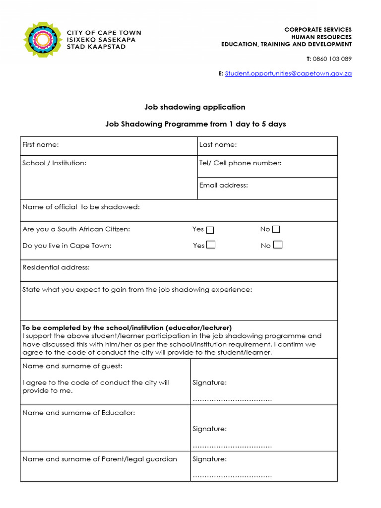 Job Shadowing Application Form | PDF