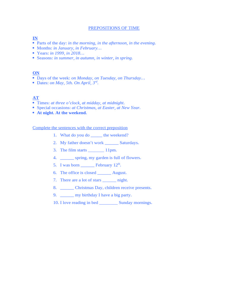 Time Prepositions in On at Worksheet Templates Layouts - 106444 | PDF