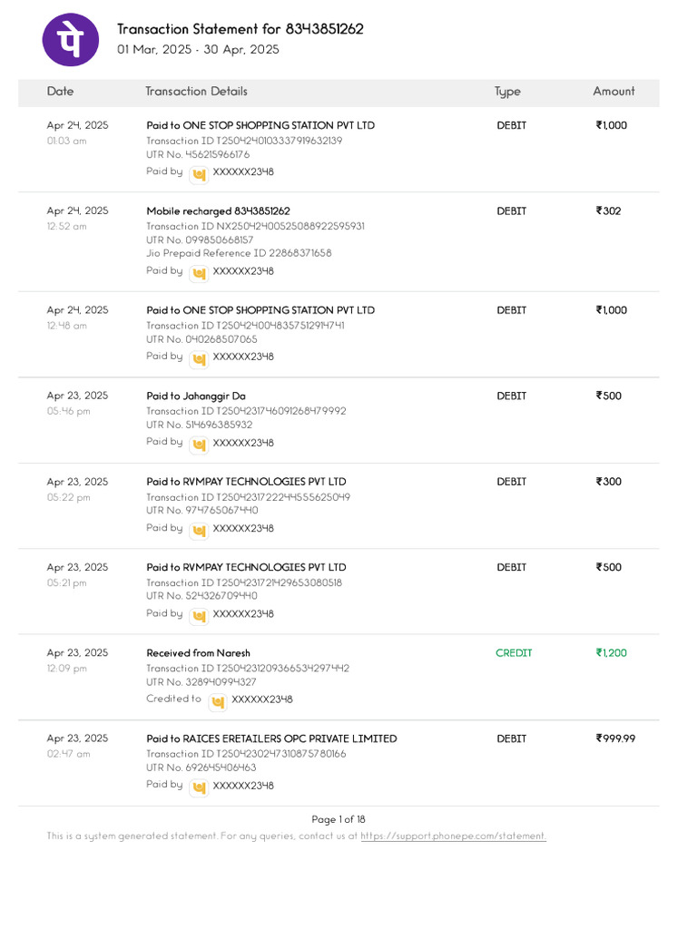 PhonePe Statement Mar2025 Apr2025 | PDF | Debit Card | Debits And Credits