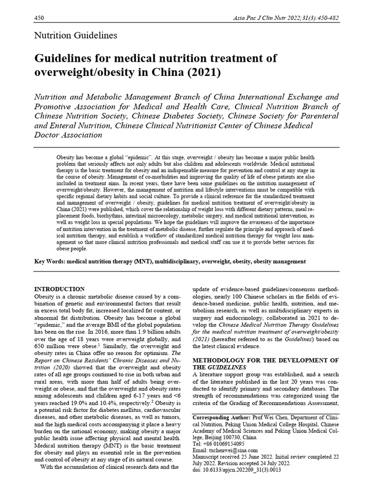 Guideline for MNT of overweight/obesity in China 2021 | PDF | Obesity ...