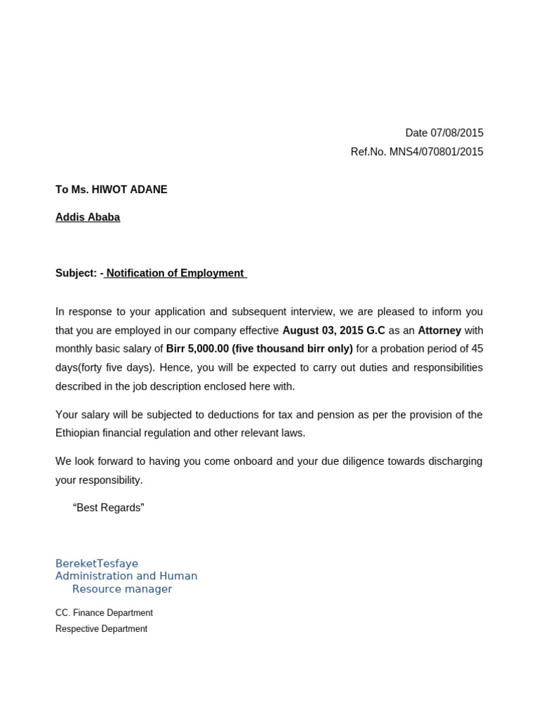 Employment Notification Letters | PDF | Pension | Ethiopia