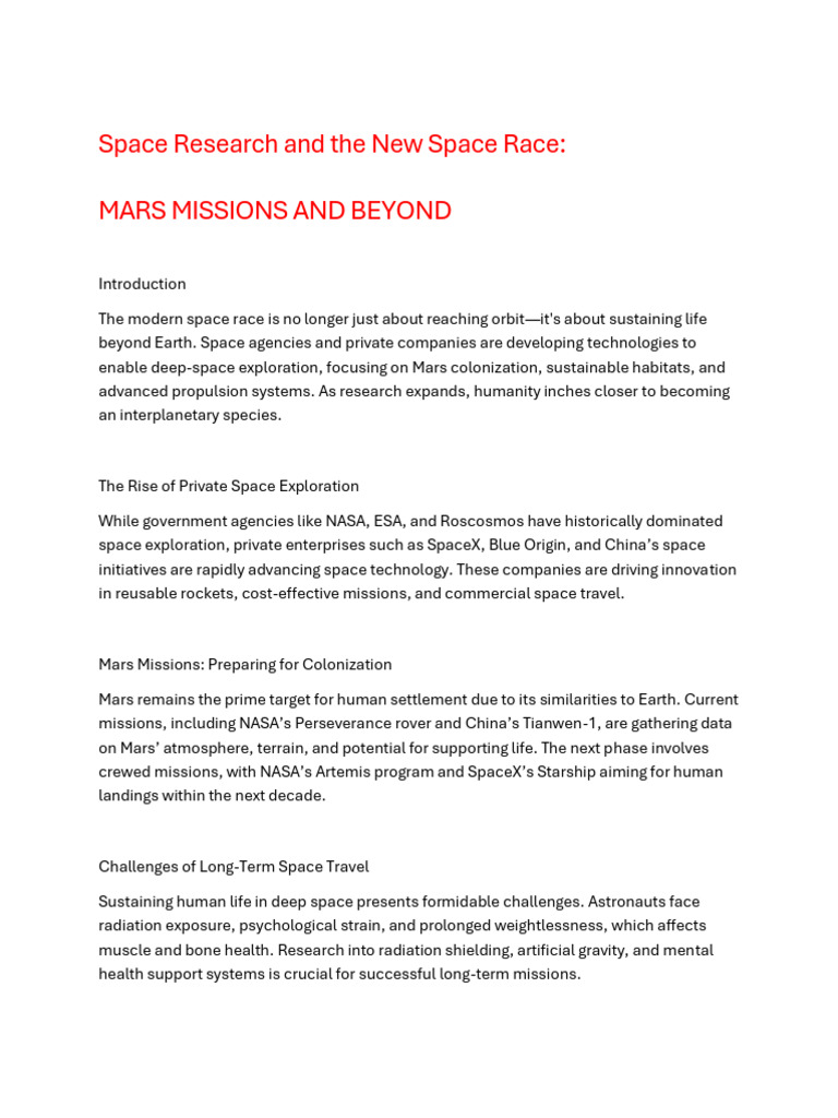 Space Research and The New Space Race MARS MISSIONS AND BEYO | PDF ...