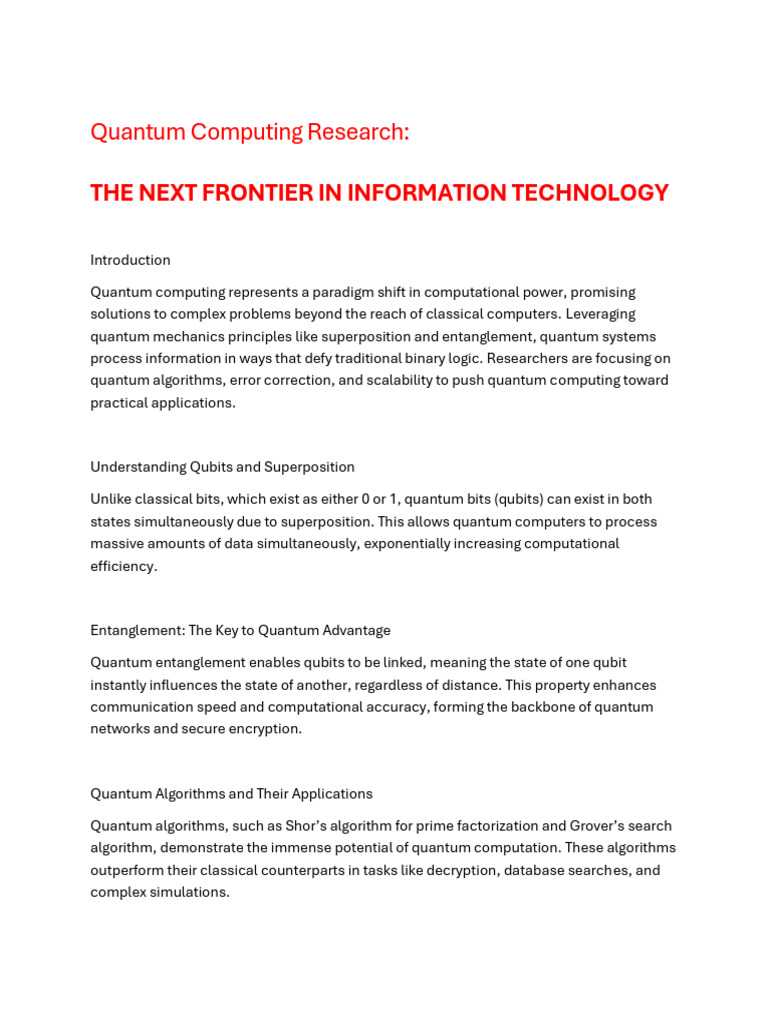 Quantum Computing Research THE NEXT FRONTIER IN INFORMATION | PDF | Quantum Computing | Computing