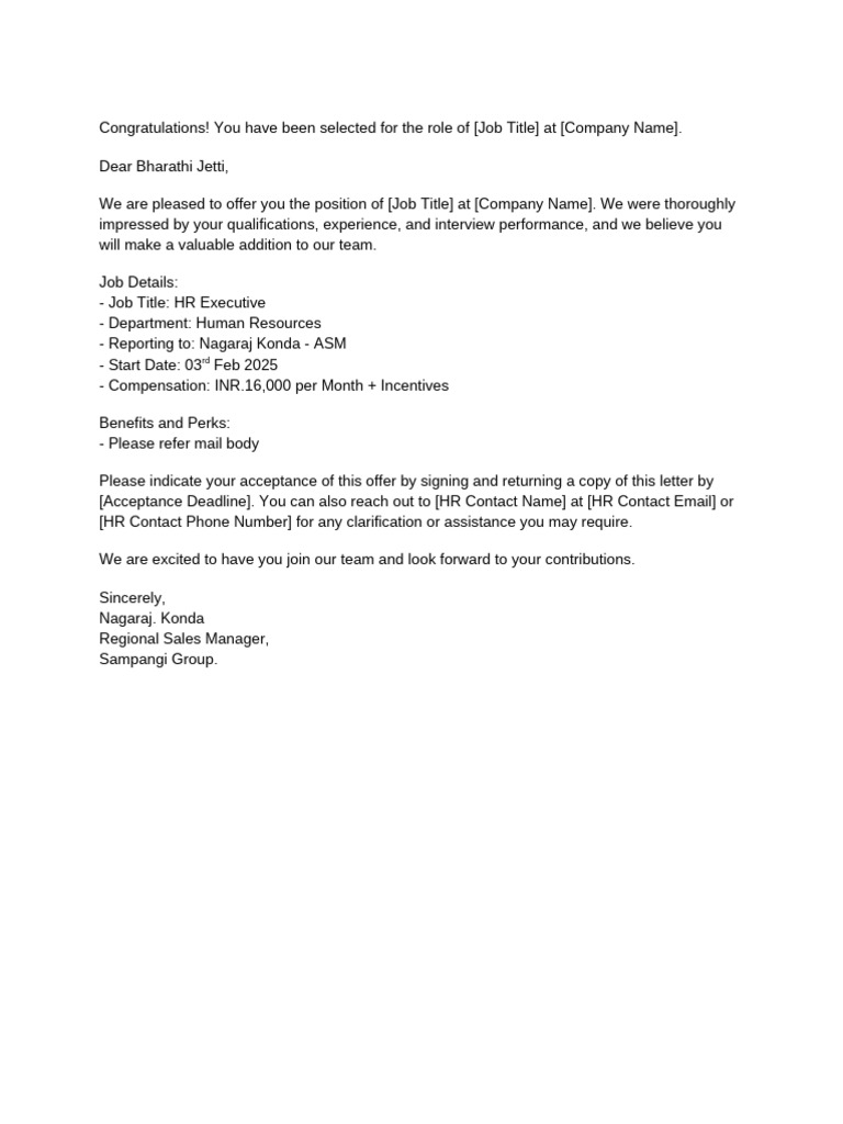Standard Job Offer Letter Template | PDF