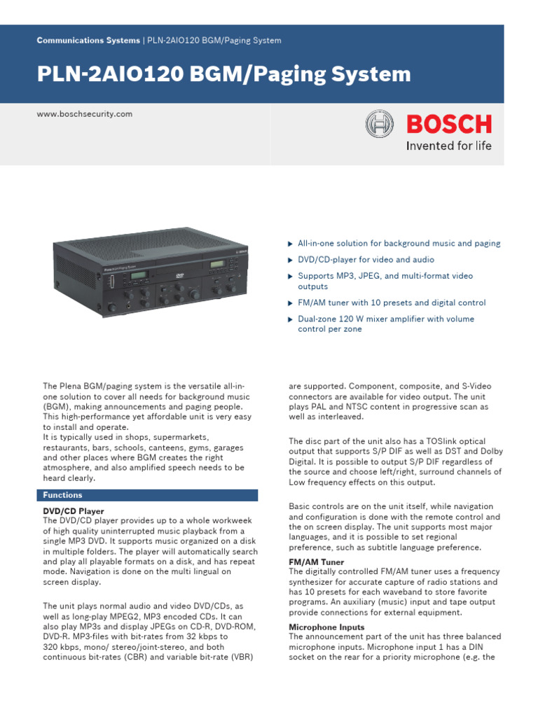 Bosch PLN-2AIO120 Paging System | PDF | Mp3 | Frequency Modulation