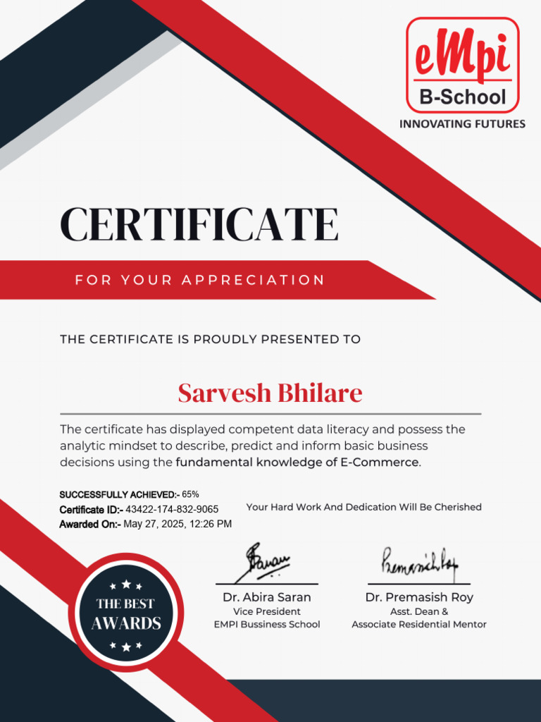 Sarvesh Bhilare: Certificate ID:-43422-174-832-9065 Awarded On: - May ...