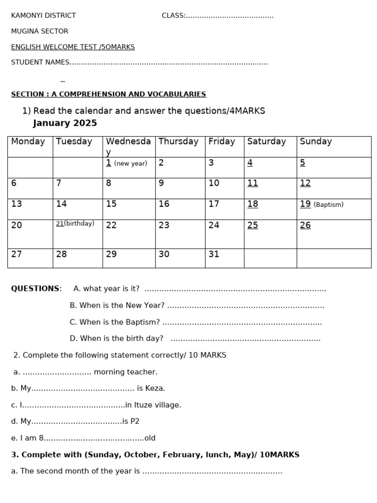 P2 English Welcome Test 2025 | PDF