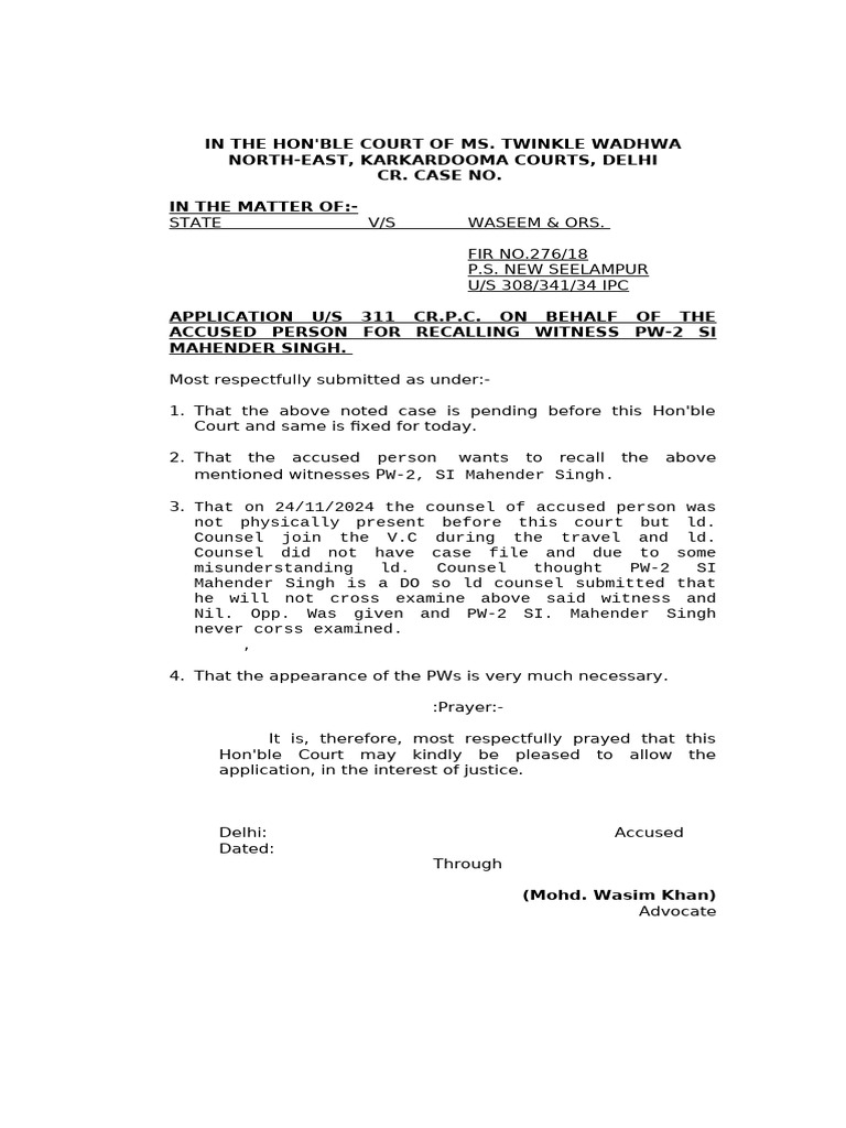 application of 311 for recalling the witness wasim | PDF