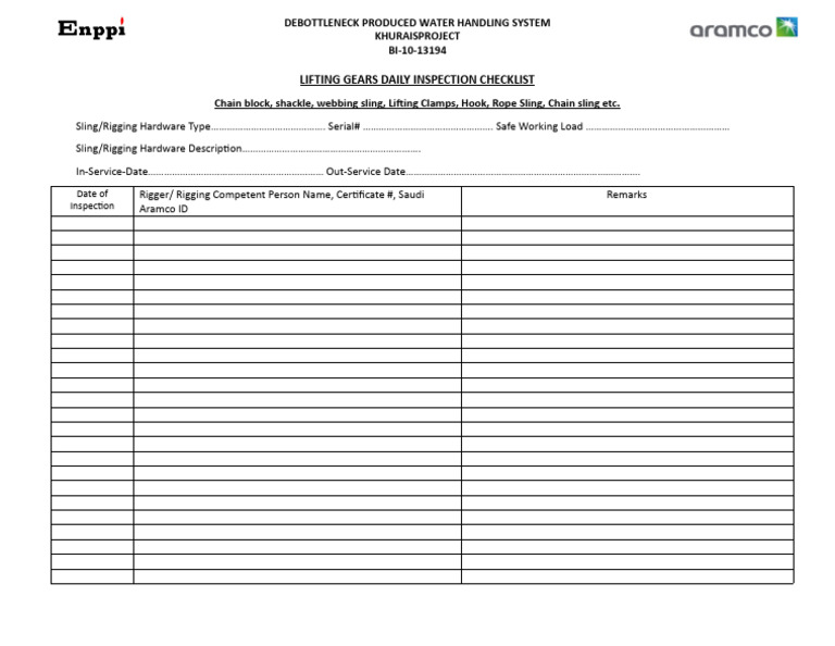 Daily Lifting Gear Inspection Checklist | PDF