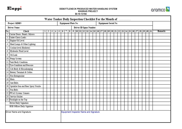 23-Water Tank Daily Inspection Checklist | PDF