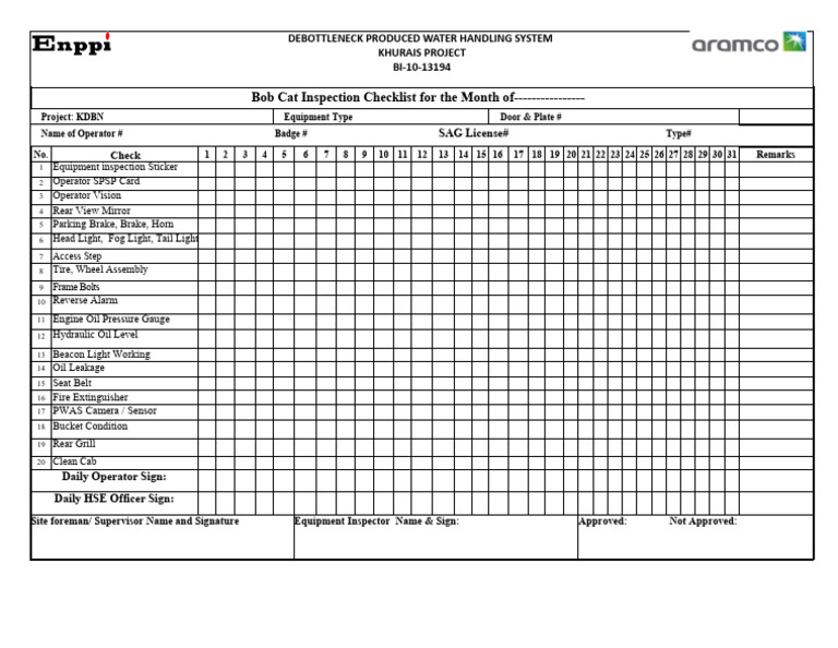 26-BOB CAT Inspection Checklist | PDF