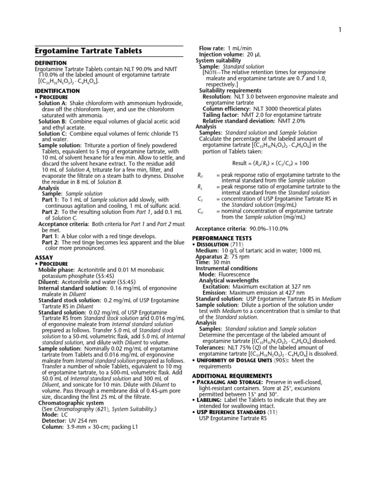 Ergotamine Tartrate Tablet Analysis Guide | PDF | Chromatography ...