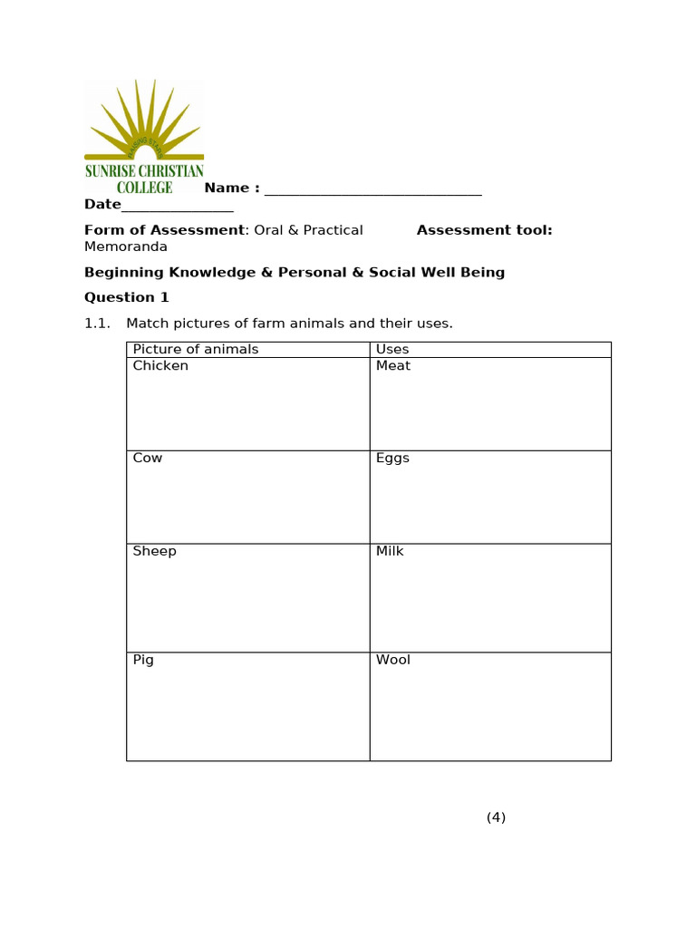 Farm Animal Assessment Activities | PDF