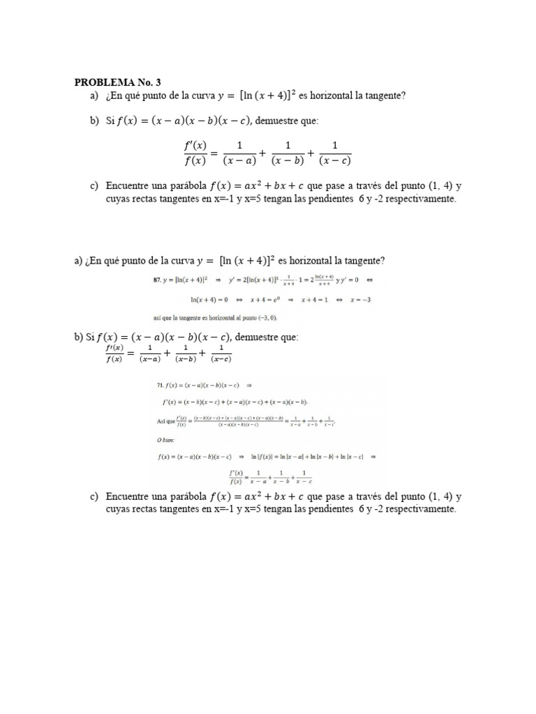 P3 En qué punto de la curva y= [ln⁡(x+4)]^2 es horizontal la tangente | PDF