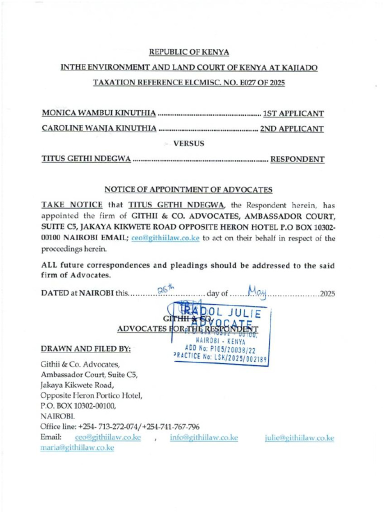 Notice of Appointment of Advocates - Taxation Reference ELCMISC. No ...