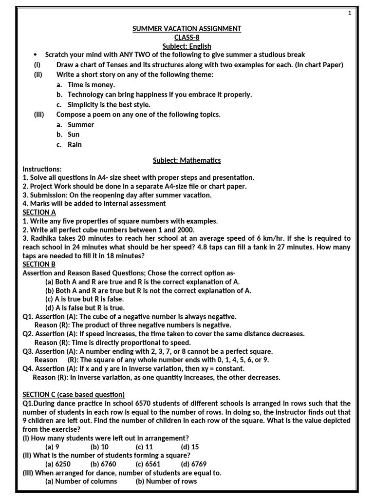 Summer Vacation Assignment Class Viii | PDF | Organelle | Cell (Biology)