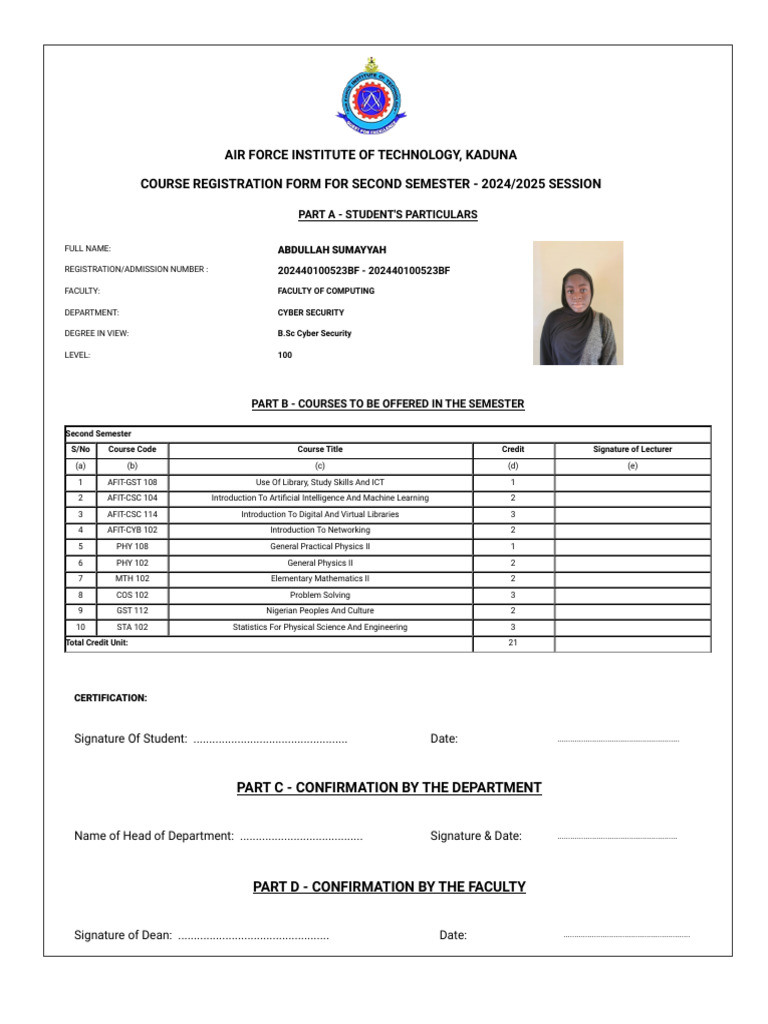 AFIT Course Registration Form 2024/2025 | PDF | Intelligence | Science