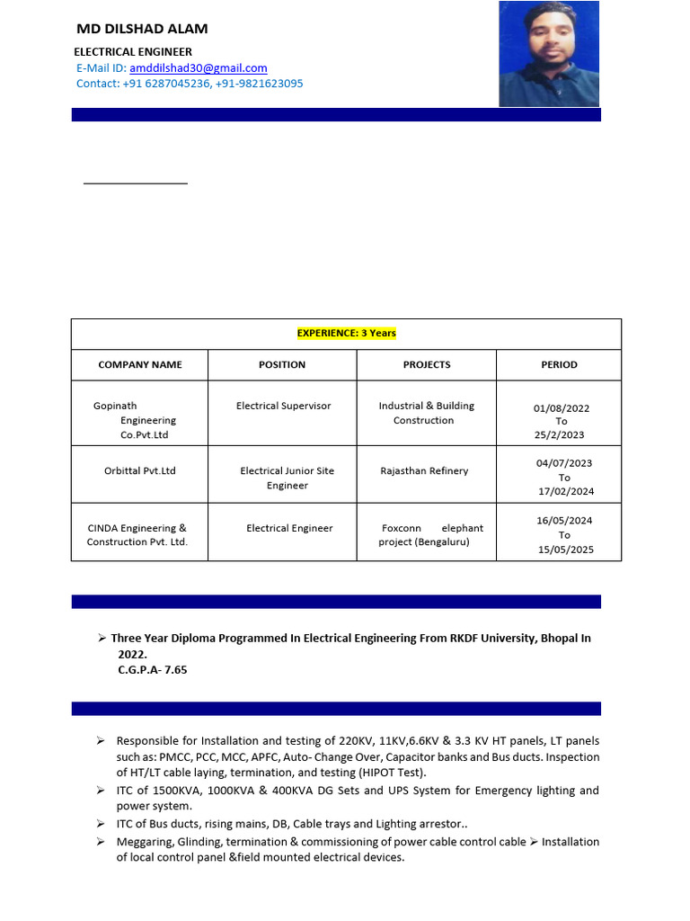 MD DILSHAD RESUME (Updated) | PDF | Electricity | Electrical Engineering